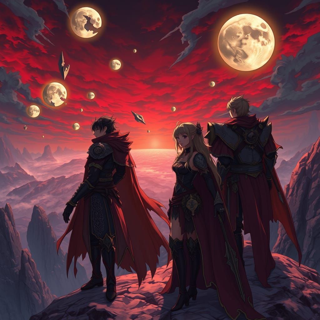 Humans Stand Heroically on Shattered Moons, Crimso... - AI Art