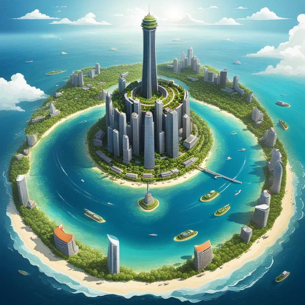 exotic island with huge skyscraper in the middle. ring street around ...