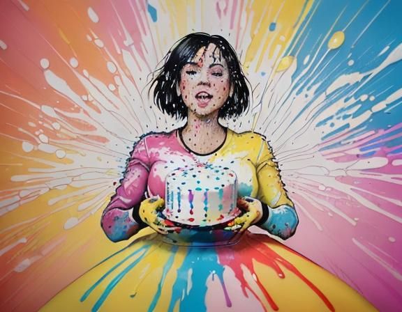 a gorgeous woman bursting out of a big cake, use excessive splatter ...