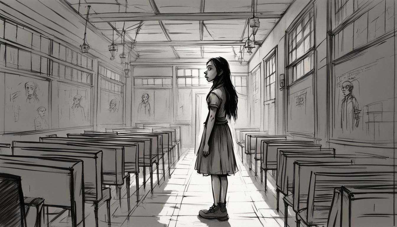 creepy scenography type artwork of a girl in a haunting school - AI Generated Artwork ...