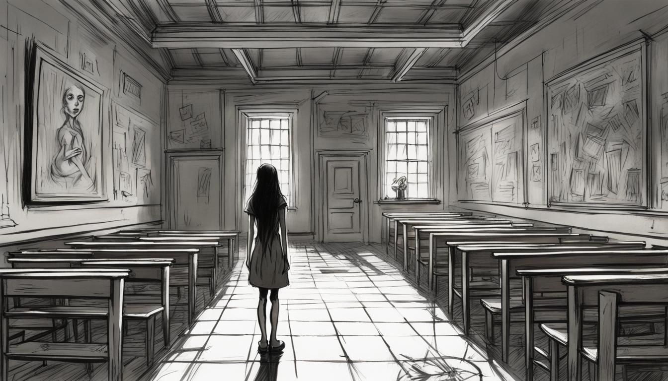 creepy scenography type artwork of a girl in a haunting school - AI Generated Artwork ...