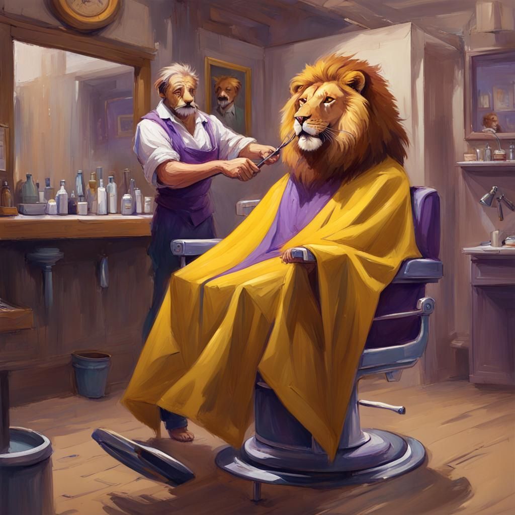 A lion in a barbershop, wearing a cape, the lion is being trimmed by a ...
