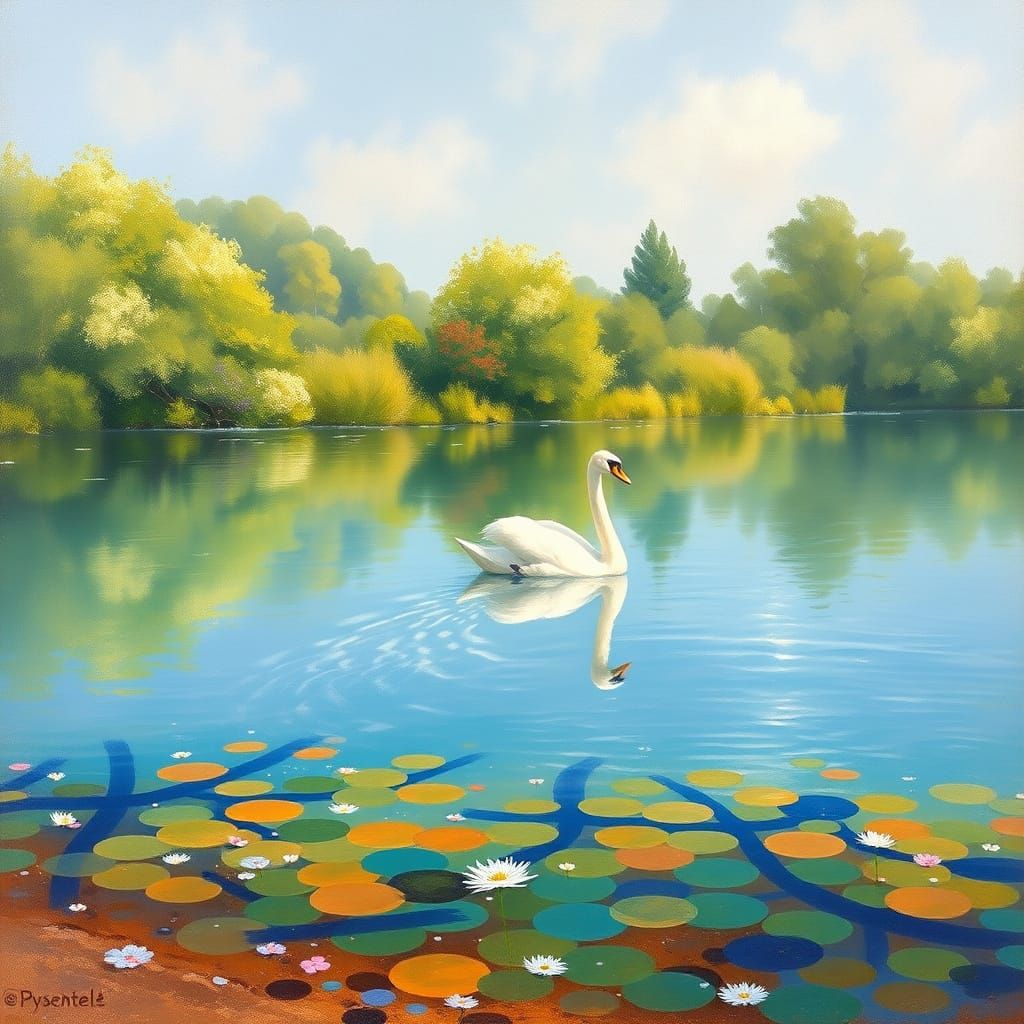 Swan in Serene Monet-Inspired Landscape - AI Art