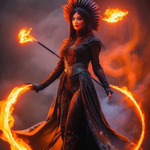a magician, shot of a witch creating an circle of fire, witch making ...