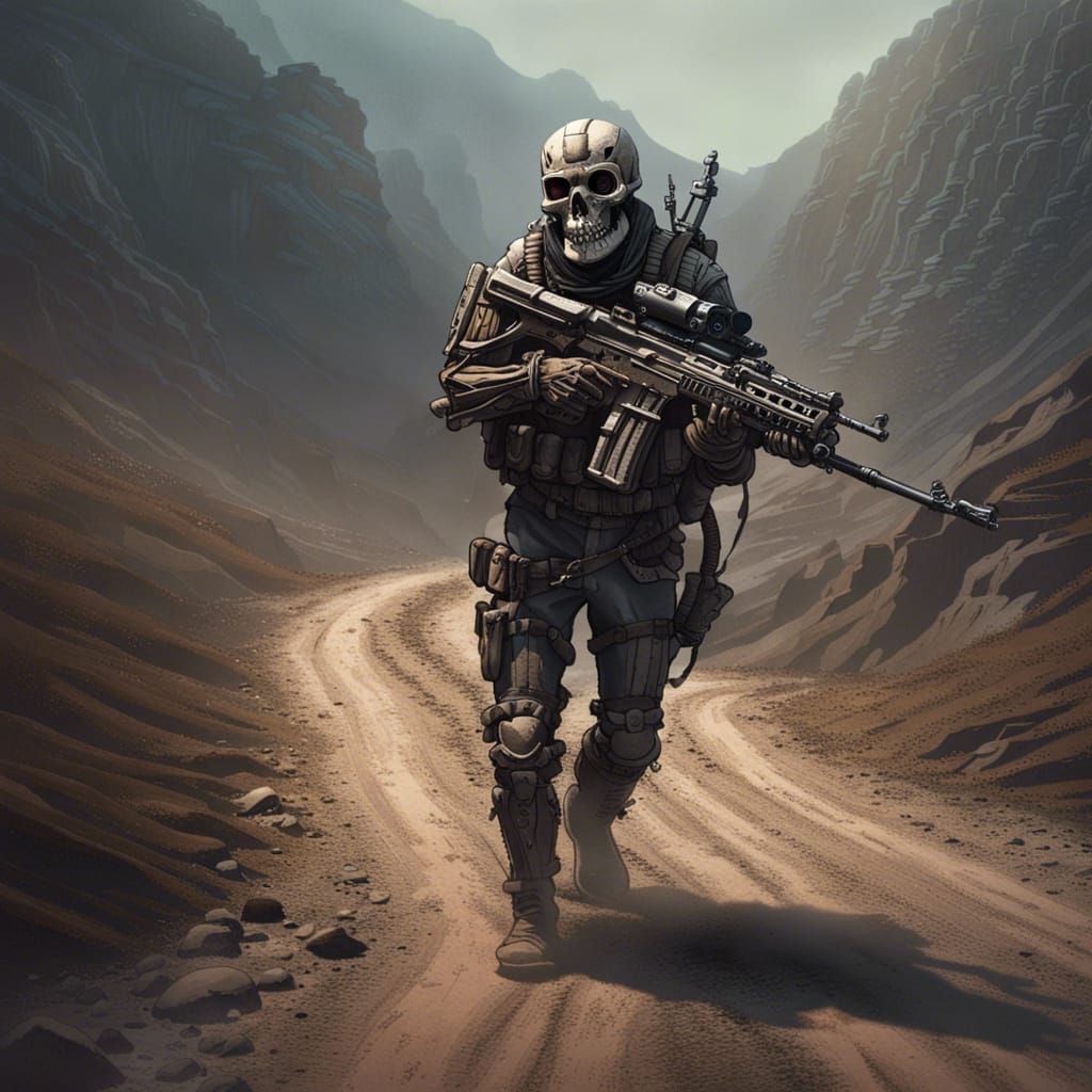 Skeletal soldier carrying his M4 down a dusty road in the mountains ...