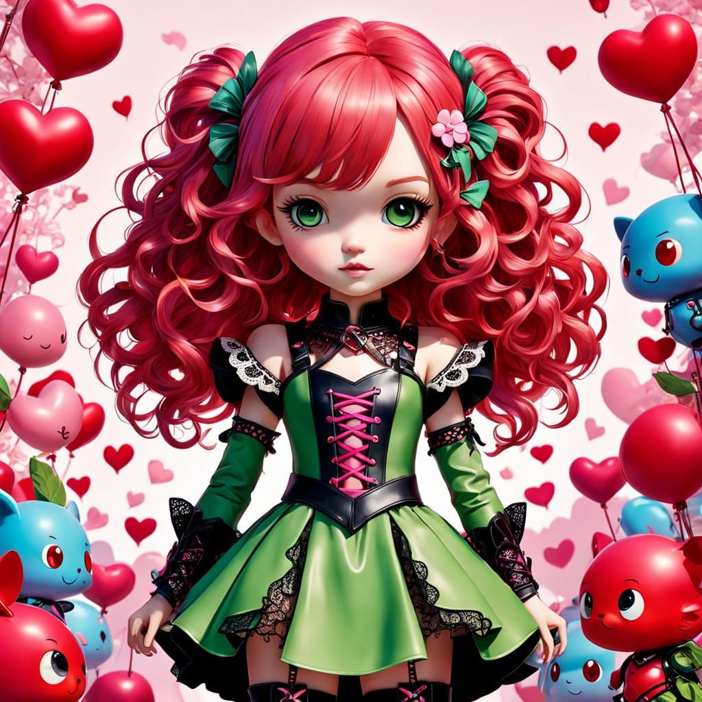 A2727 - Chibi Cupid: Red-Haired Beauty in a Heart-Themed Dress