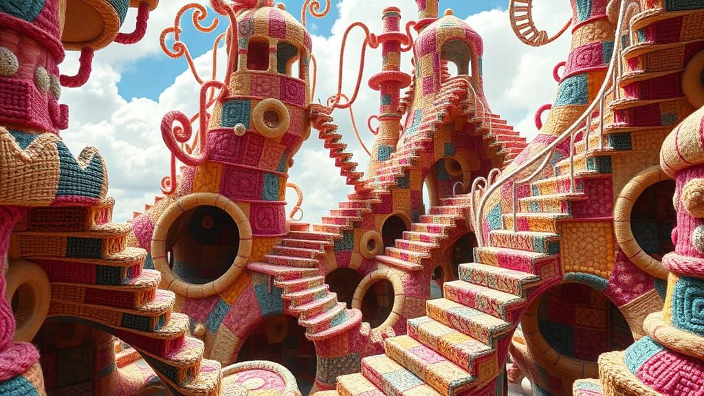 Stairways - Surreal Staircase Tapestry in Whimsical Architec...