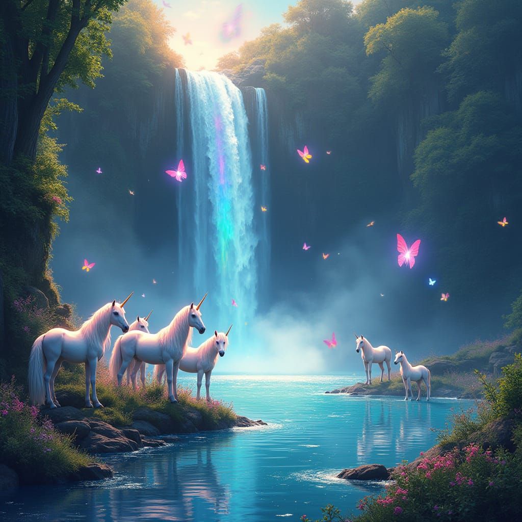 Rainbow Waterfall Scene with Unicorns and Butterfl... - AI Art