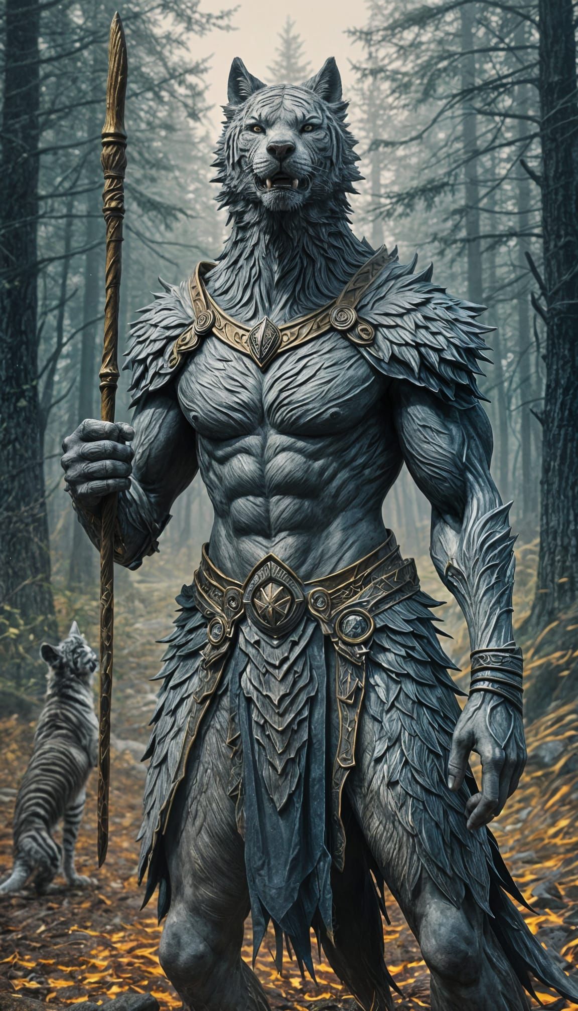 Grey Wolf Soldier - Fantasy Wolf Warrior in Misty Forest