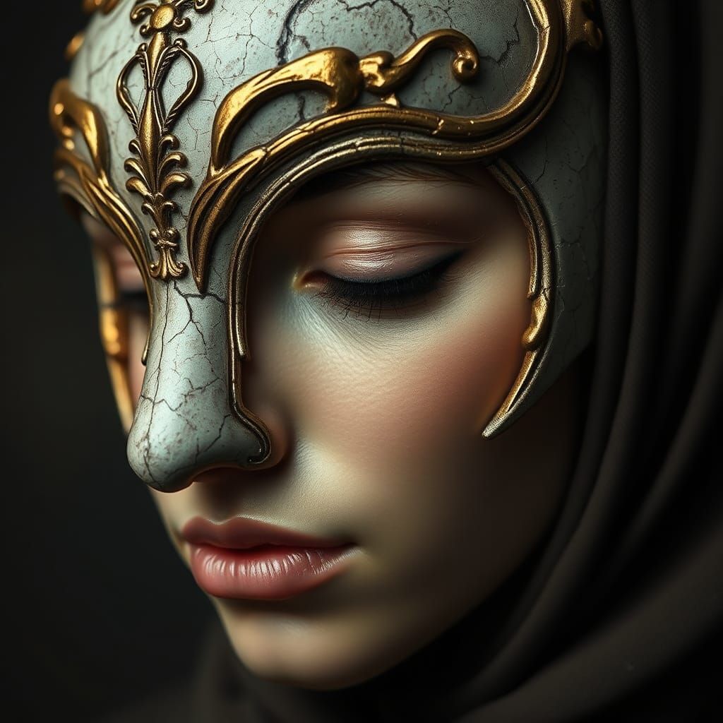 A beautiful woman with a serene expression, adorned in a vintage Rococo ...