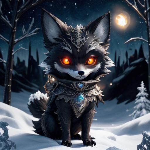 Anthropomorphic, undead, cute, adorable, black-fox with glowing eyes ...