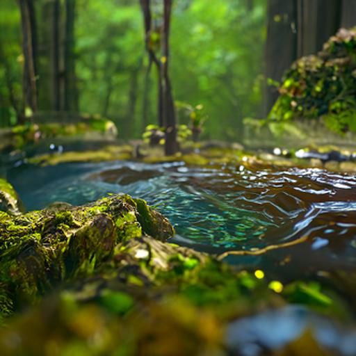 Sunlit natural pool in the deep dark beautiful forest; beautifully lit ...