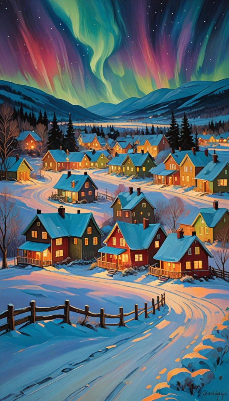 Village Under Starry Northern Lights in Post-Impre... - AI Art