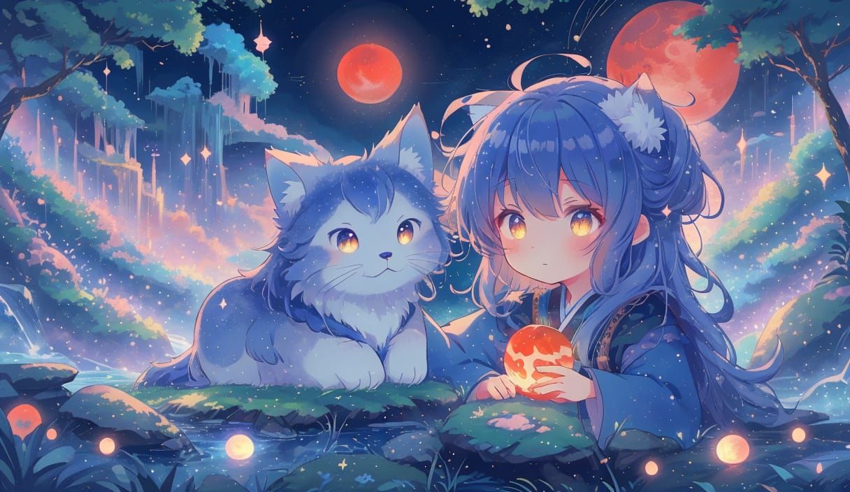 Two friends - Moonlit Whimsy: Little Wolf Girl Under the Red...