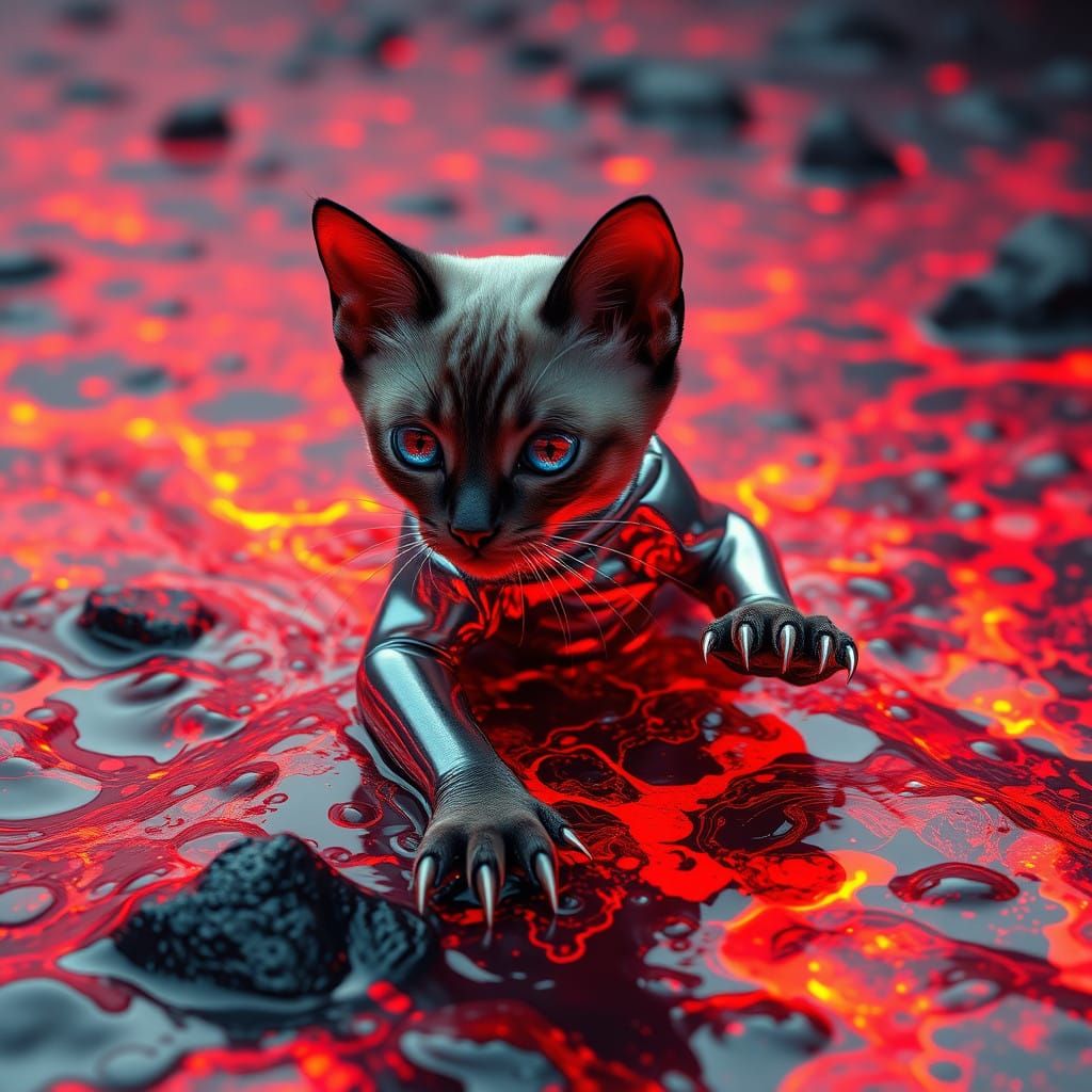 Ethereal Siamese Kitten Rides Liquid Metal Surfboa... - AI Art
