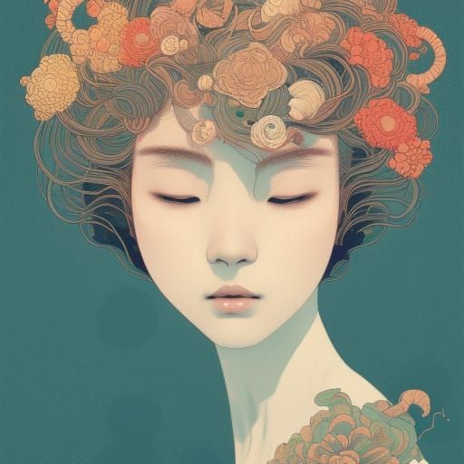 beautiful cute front portrait Korean ninfa, big long curly hair, herbs ...