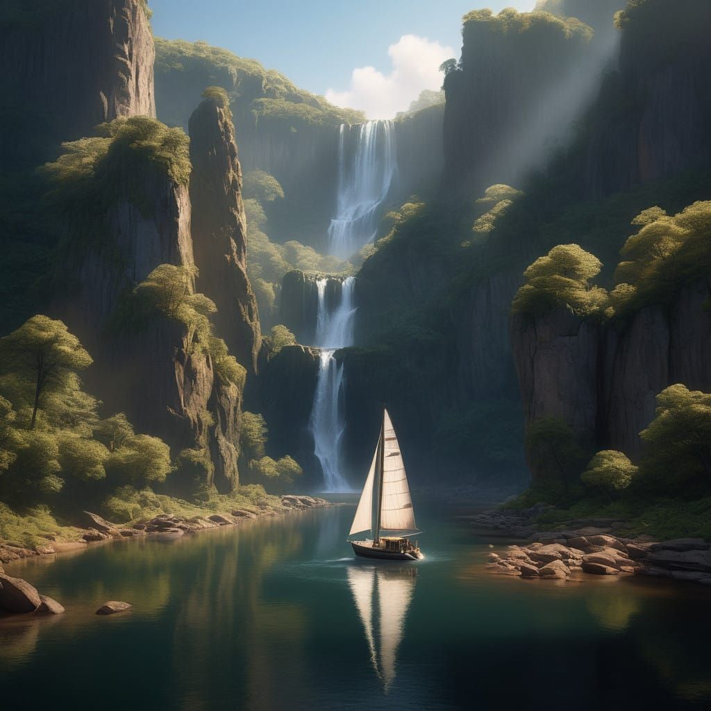 Ethereal River Landscape with Majestic Sailboat - AI Art