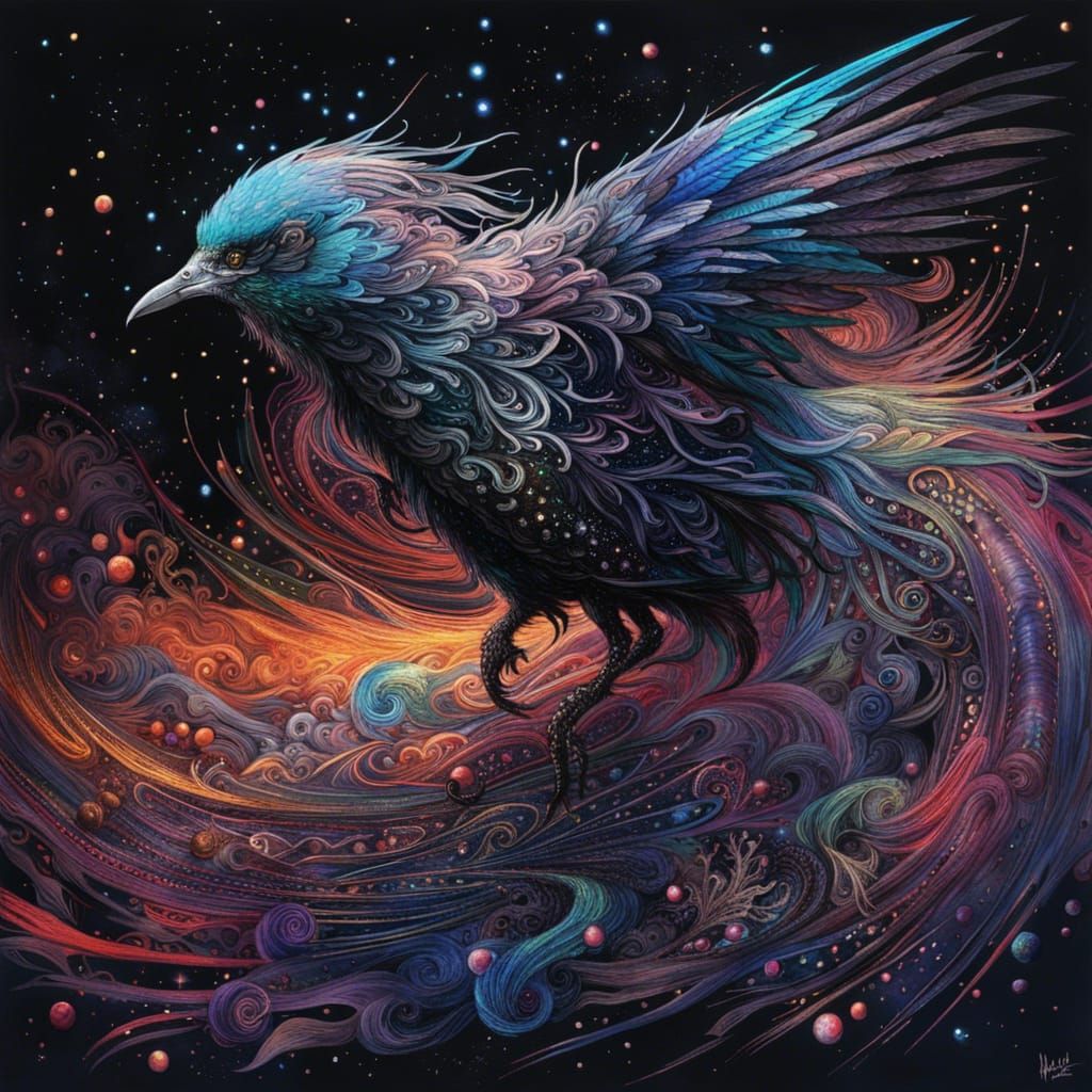 A holographic art!! of a dark fantasy neon cosmic bird flying dancing ...