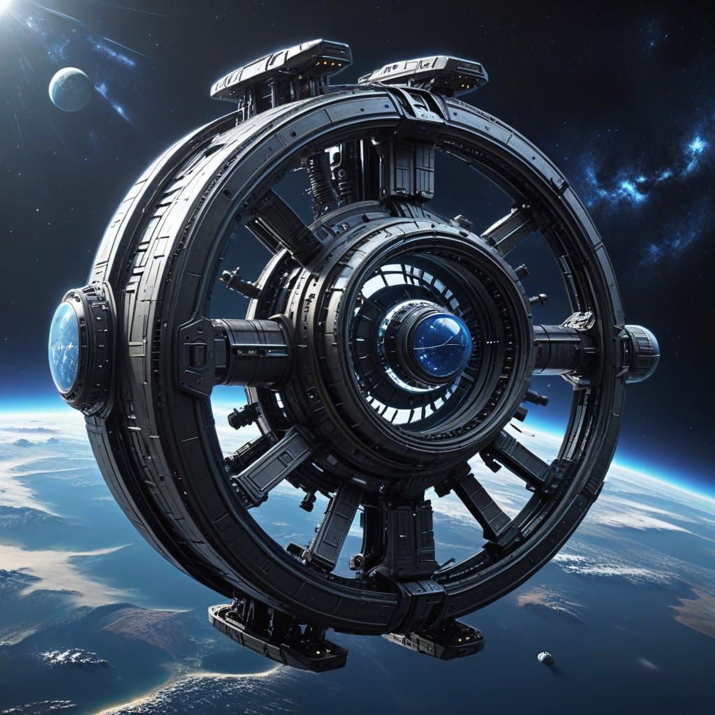 Gyroscopic Space Station Orbits Futuristic Blue Pl... - AI Art
