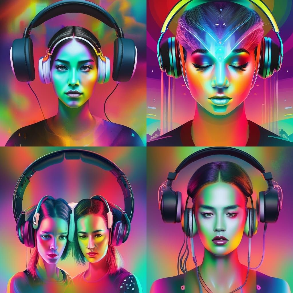 dope digital concept art of two girls with headphones on, vector art ...