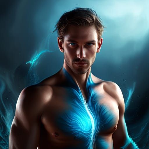 Guy with black eye color with blue fire all over his body - AI ...