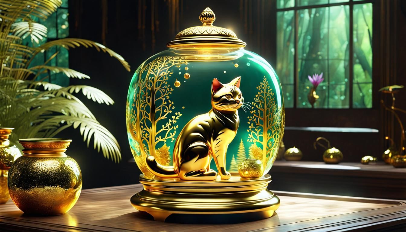 Cool animated forest and magnificent blown glass cat inside a golden ...