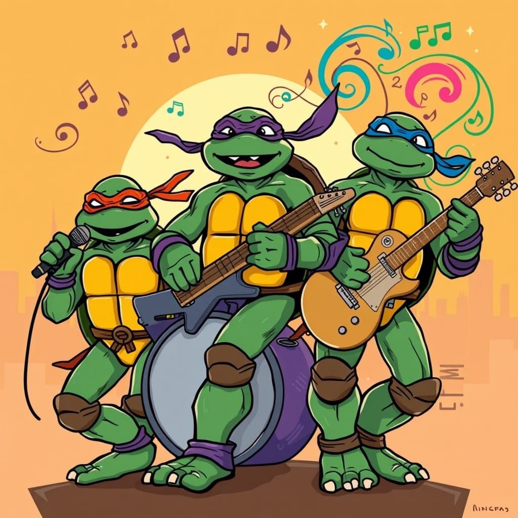 Ninja Turtles Rock Out in Vibrant, Cartoon-Inspire... - AI Art