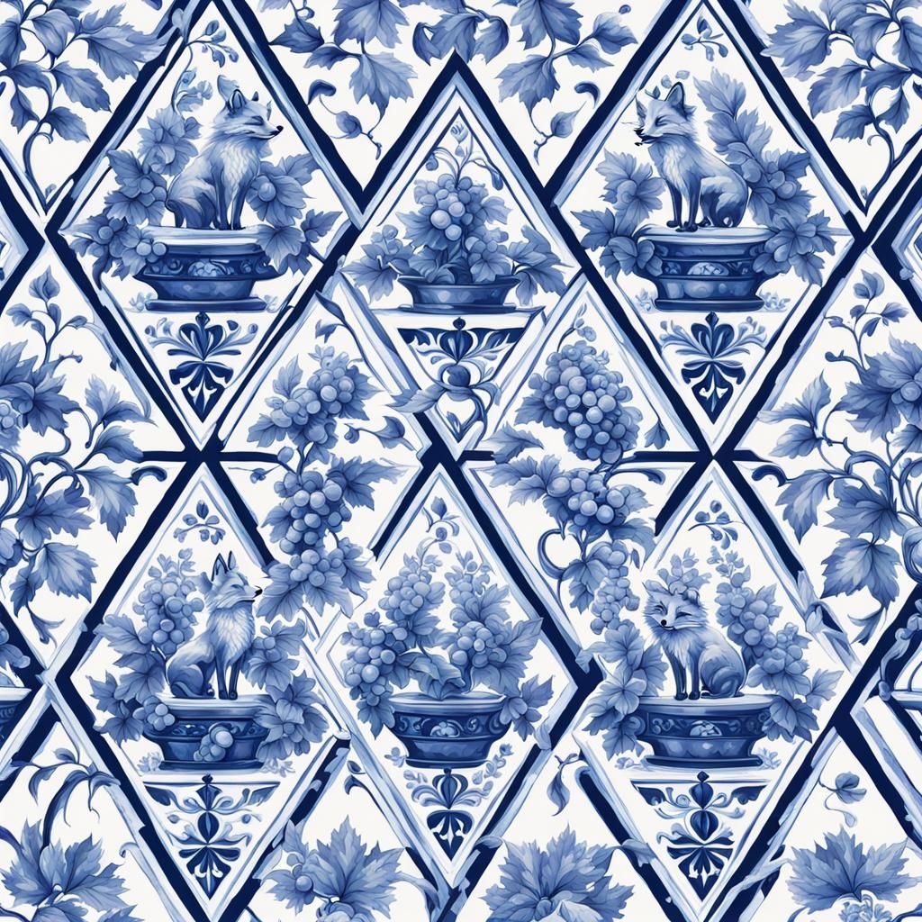 Delft-style triangular bordered pattern with fox holding stem of bunch ...