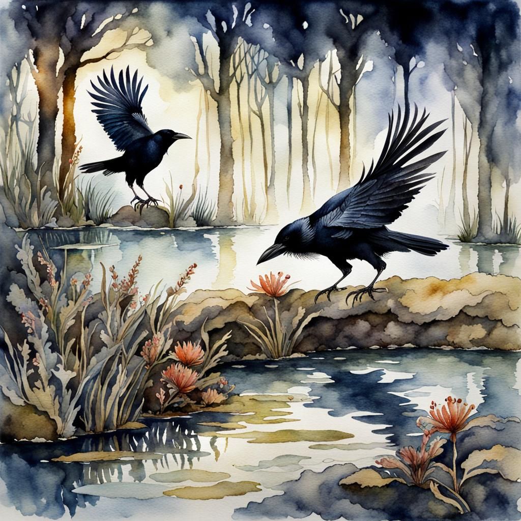 Crows at the forest lake - AI Generated Artwork - NightCafe Creator