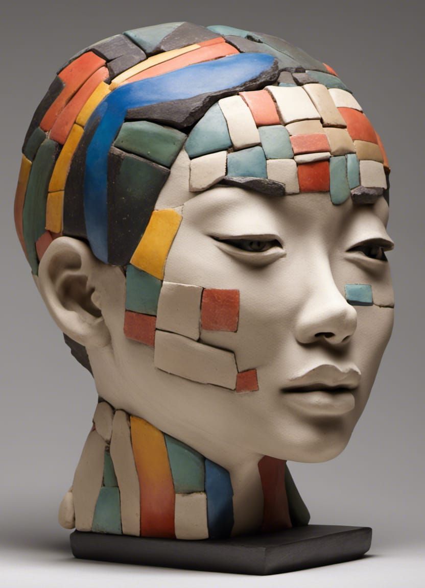 Woman's head rendered as a Mishima style clay sculpture colorful inlays ...