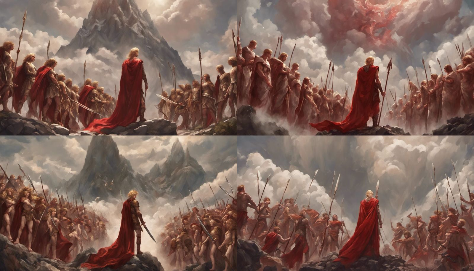 A fair-haired male angel in a red tunic stands tall as a mountain, head ...