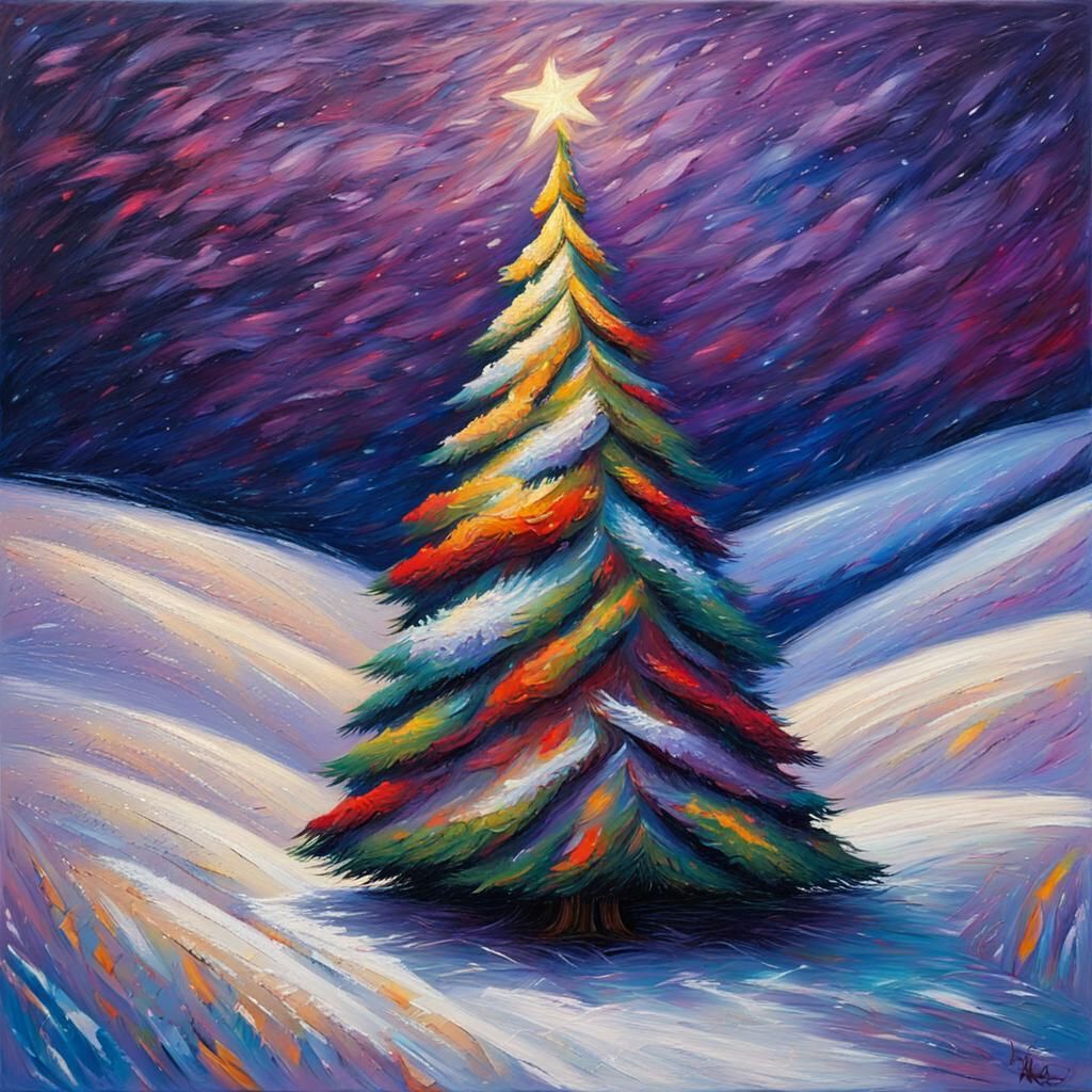 lora:PurpleFantasy:1.0> Christmas tree out in the open field with snow ...