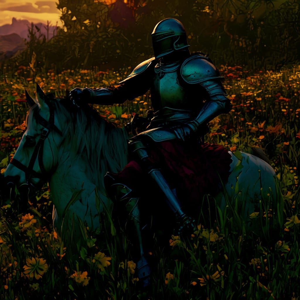Ethereal Knight Amidst Vibrant Bloom - AI Art