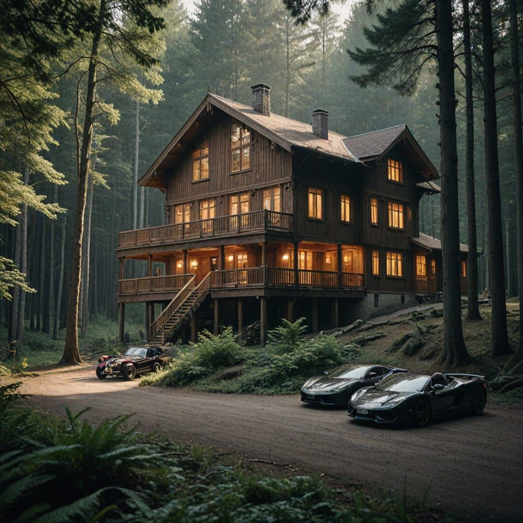 Ariel view of big wooden house inside dark forest, with rooftop ...