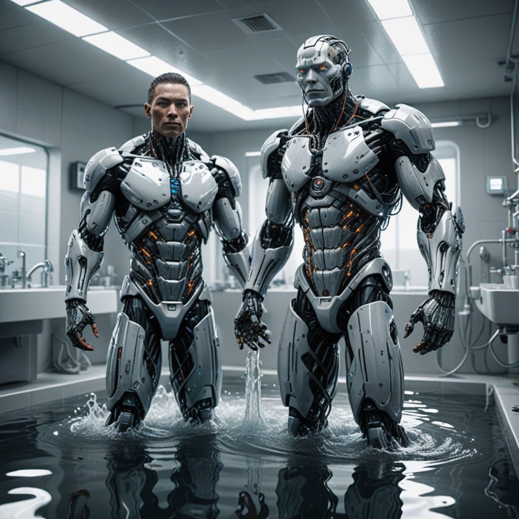 extremely buff cyborg AI standing in a tub of water with electric ...