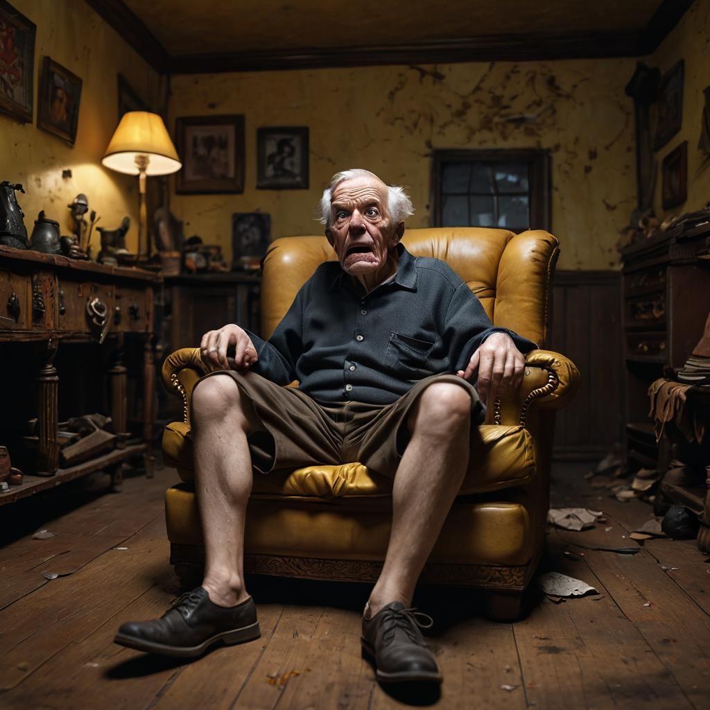 Wide Shot of a (((Cartoon figure of a terrified old man, sitting in a ...
