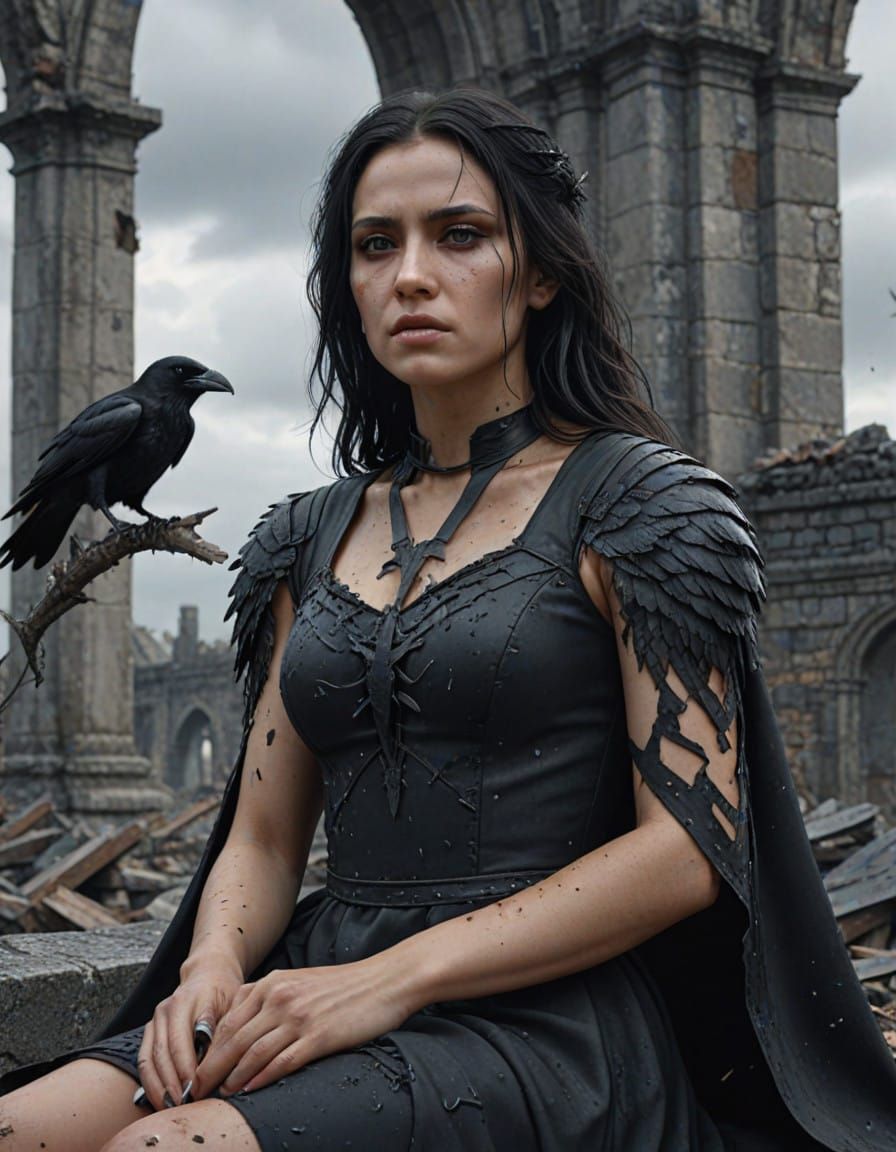 Crow woman - Fantastical Crow Woman Sits in Ruined Church
