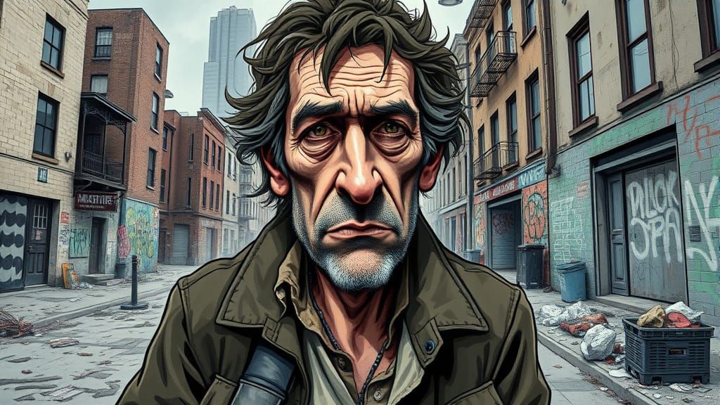 Gritty Homeless Caricature in Urban Cityscape - AI Art