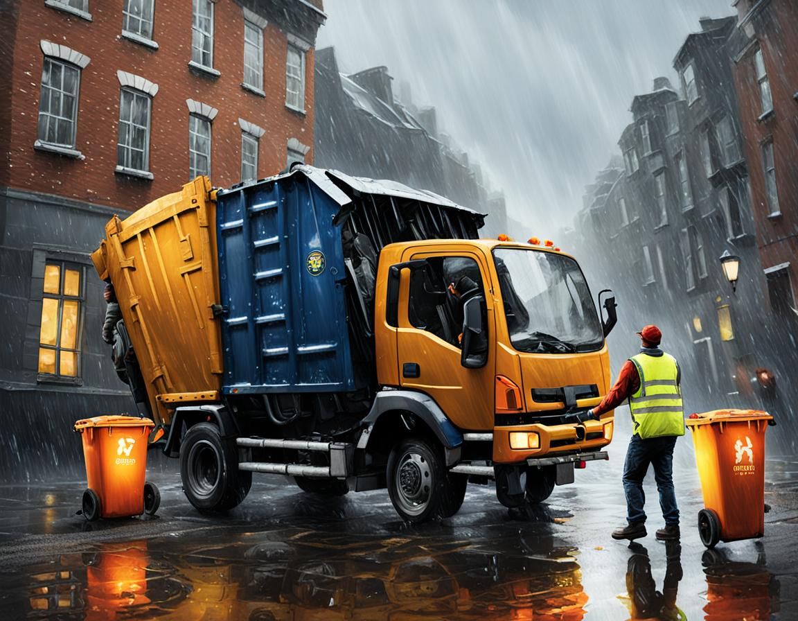 Sanitation Workers - Urban Garbage Collectors in Vivid Rainy...