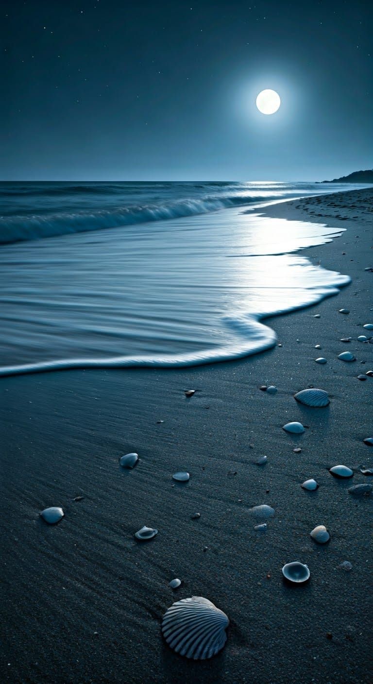 A beautiful beach illuminated by moonlight at nightWaves are lazily ...