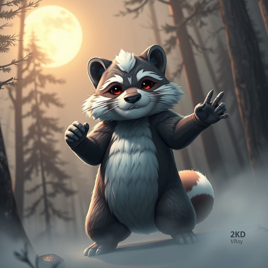 Raccoon - Heroic Iridescent Raccoon in Moonlit Forest