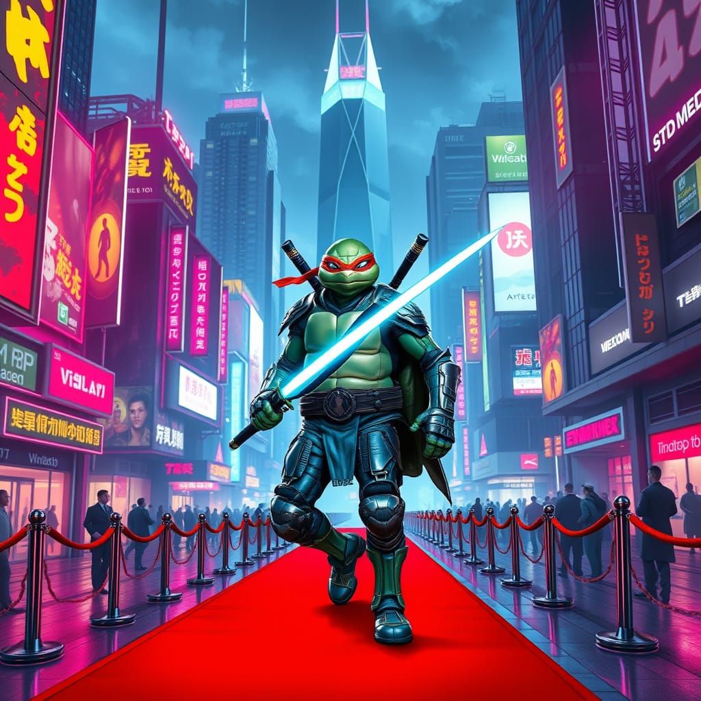 Techno Samurai Ninja Turtles in Futuristic Citysca... - AI Art