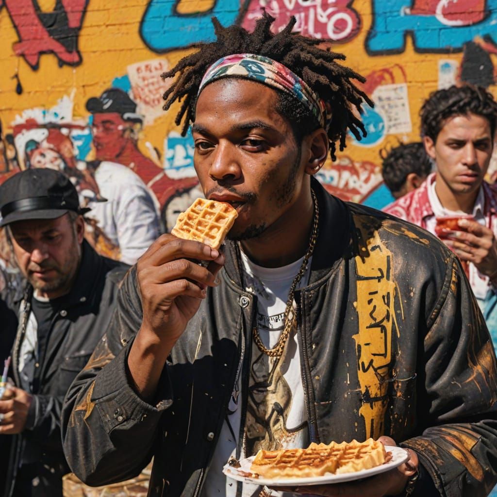 the jewish rapper eating waffle and his fans looki... - AI Art