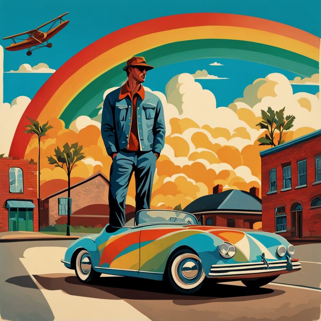 Rainbow and PopCorn Clouds - Vibrant 1960's Peace Sign Mural...