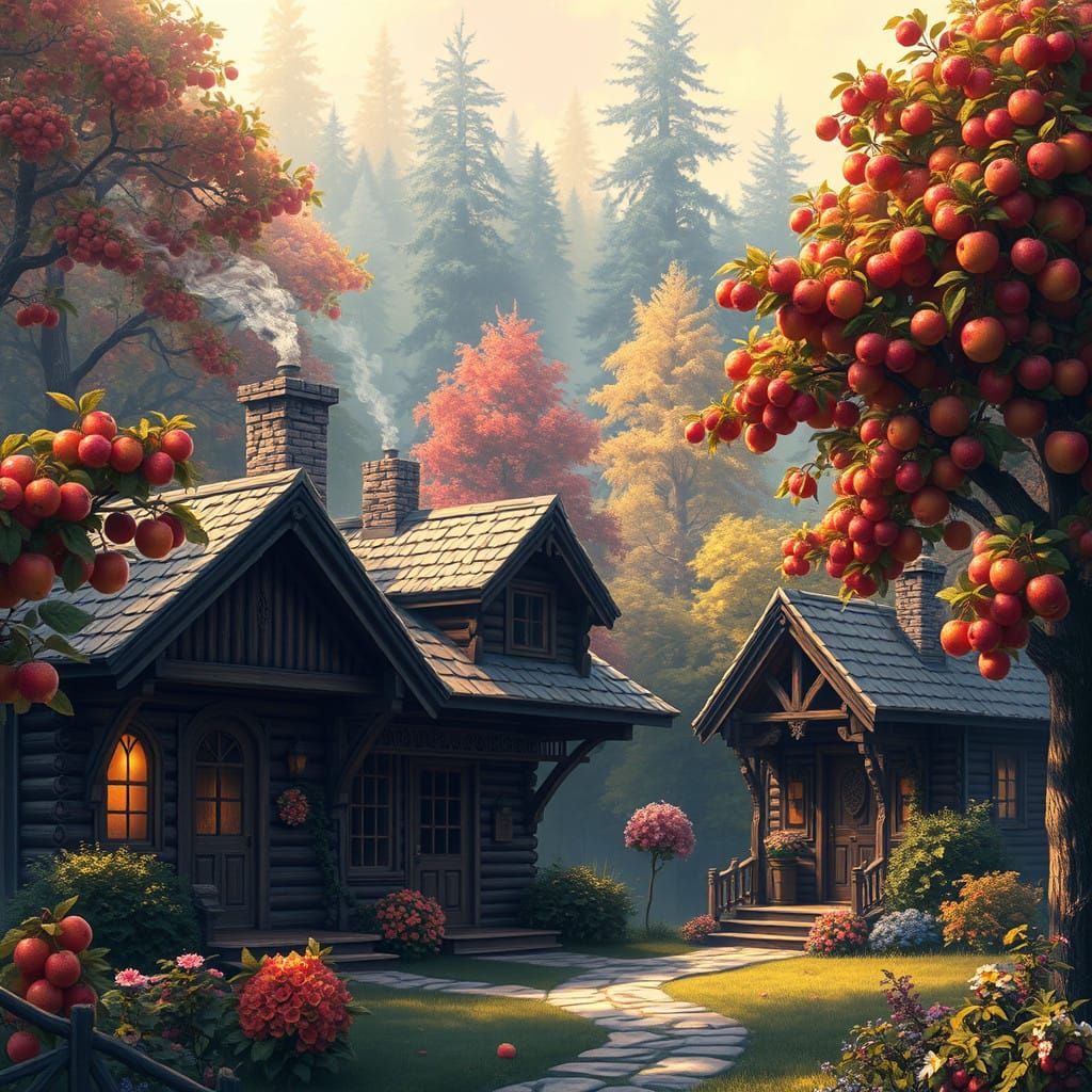 cabins in a forest with fruit trees around