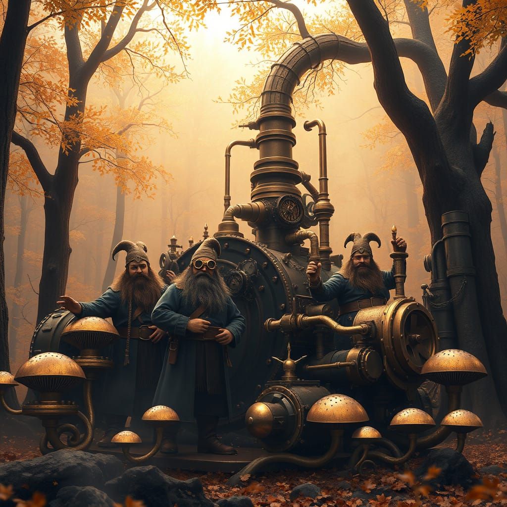 steampunk dwarfs in an forest in fall with mushrooms