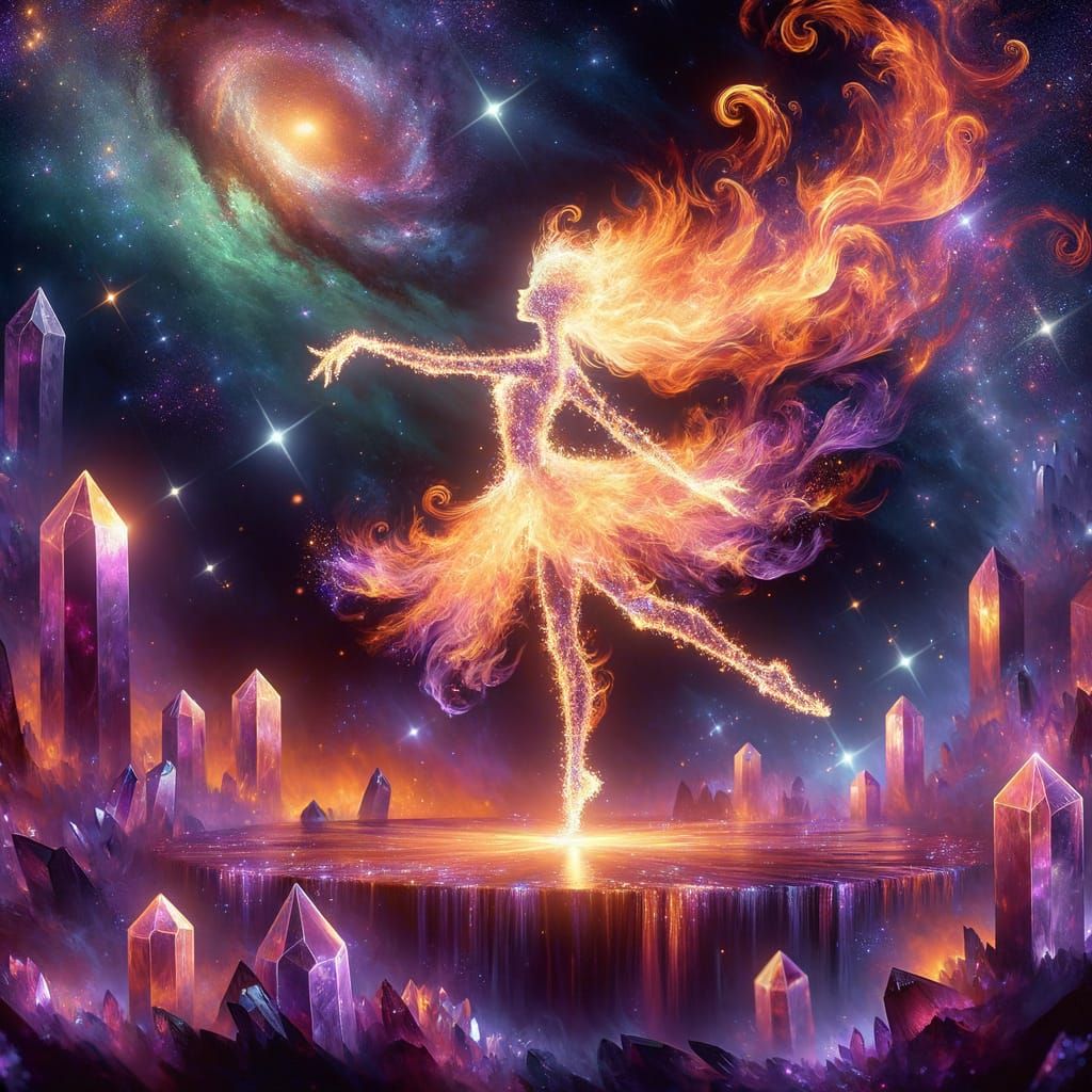 Fiery Elemental Dance on Amethyst Stage - AI Art