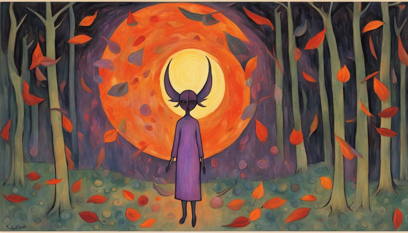 A demon girl walking out of a fire in the woods. A halo shines behind ...