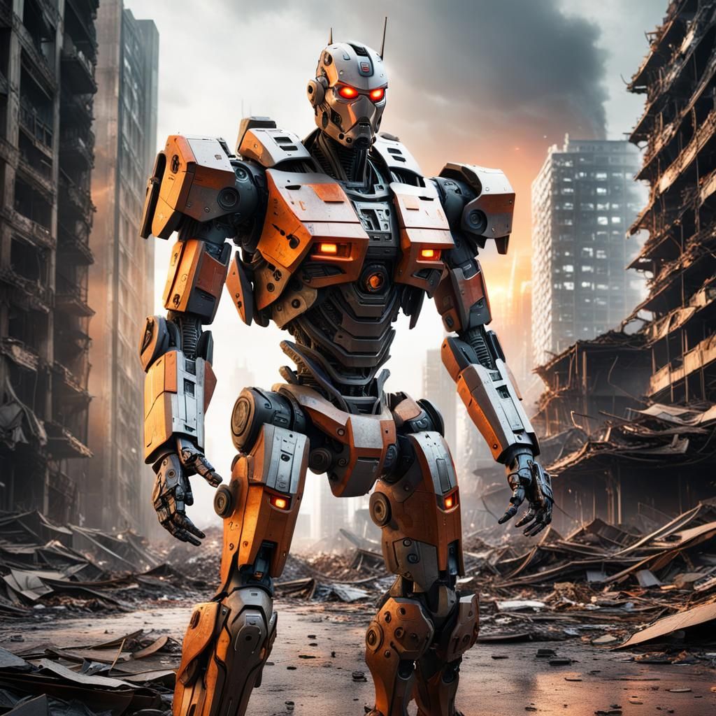 Hyperrealistic action shot of Cyborg Robot Terminator Mobile suit with ...