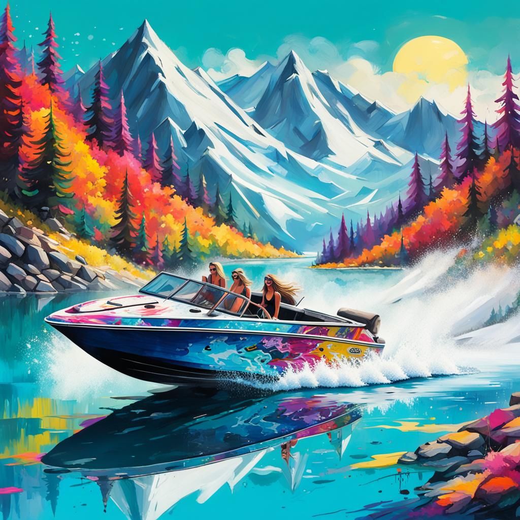 Summer fun, speedboat on a mountain lake pulling a skier, beautiful ...
